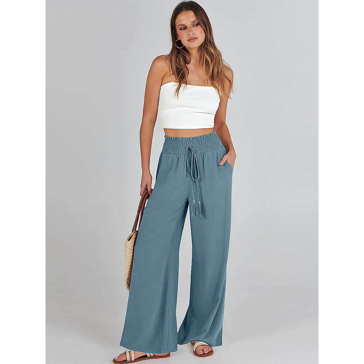 ANRABESS Women's Linen Pants Summer Casual Palazzo Beach Pant Drawstring High Waist Wide Leg Trousers Vacation Outfits Small Lake Blue