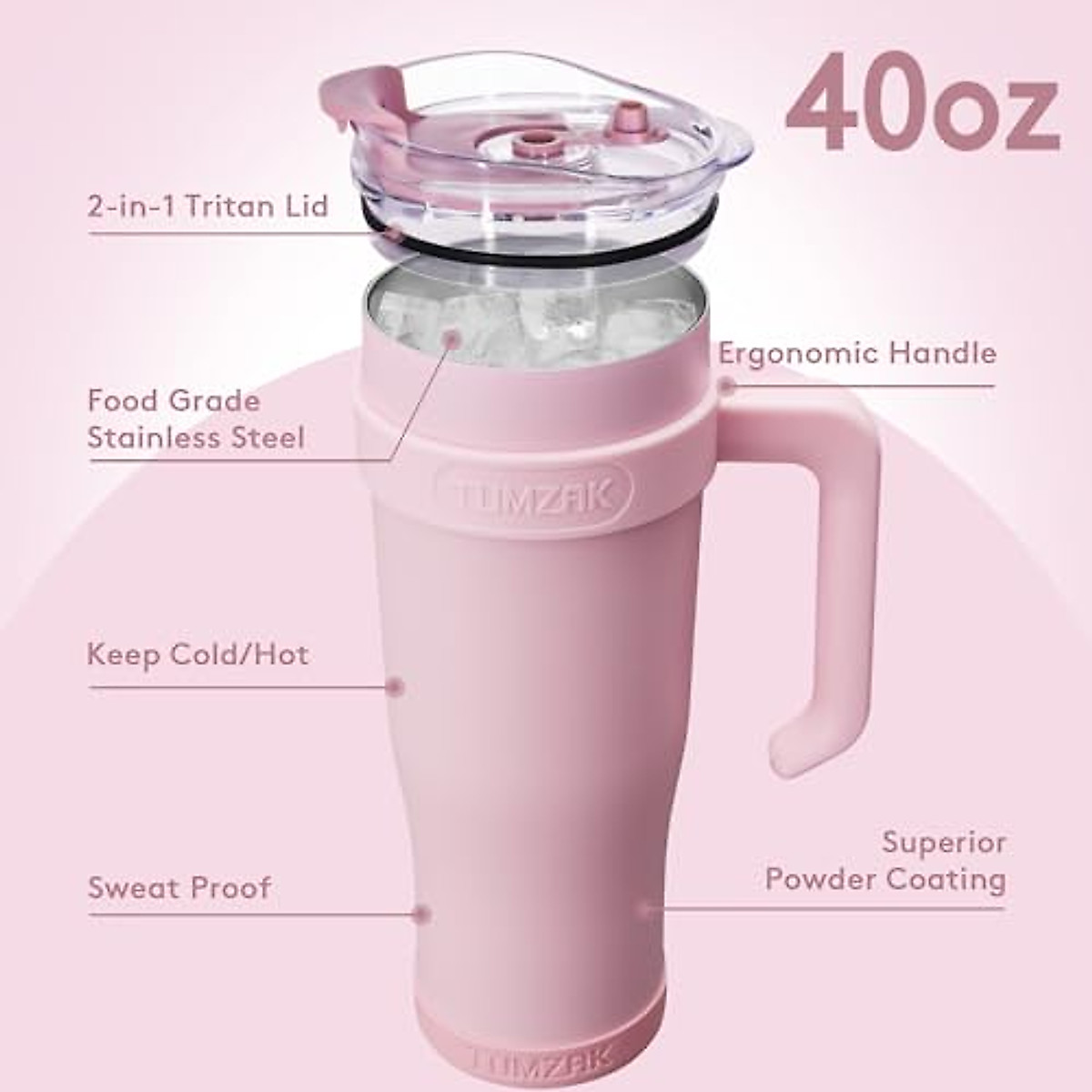 Tumzak 40oz Tumbler with Handle and Straw Lid Double Wall Vacuum Insulated Stainless Steel Travel Mug Tumbler Resuable Leak-proof Water Bottle for Iced Coffee (Pink)