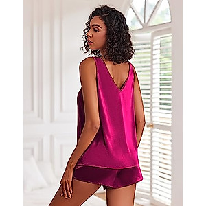 Ekouaer Satin Pajama Set for Women Comfy Silk Sleeveless Sleepwear Tank Pjs Top with Shorts Summer Two Piece Nightwear (Rose Red,M)
