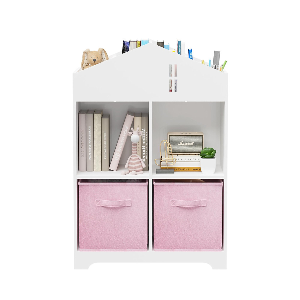 Tzou Kids Dollhouse Bookcase with Storage, Toddler Bookshelf, 2-Tier Storage Display Organizer with 2 Collapsible Fabric Drawers for Boys Girls Bedroom, Playroom House Bookshelf White+Pink