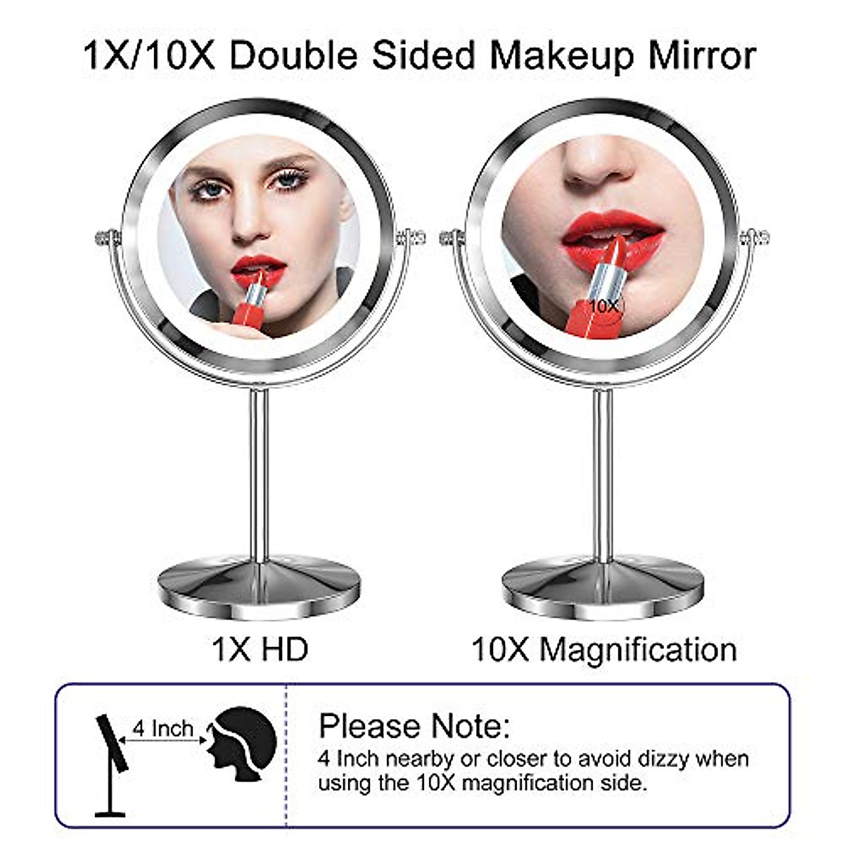 Gospire LED Makeup Mirror 1x/10x Magnifying with Touch Screen Adjustable LED Light, 7" Lighted Vanity Swivel Mirror Double Sided Cosmetic Mirror (Silver-Dimmable Switch)