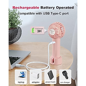 Coohea Handheld Fan Mini Portable Fan USB Rechargeable Battery Fan 3 Speeds Powerful Personal Fan Cute Small Cooling Fan with Base Lanyard for Eyelash Makeup Travel Trip Beach Indoor Outdoor, Pink