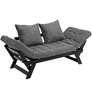 HOMCOM Single Person 3 Position Convertible Chaise Lounger Sofa Bed with 2 Large Pillows and Oak Frame, Dark Gray