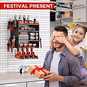 Power Tool Organizer with Charging Station, 4 Drills Holder Wall Mount Rack, 3 Layer Storage Rack,Side Pegboard with Screwdriver Holder/Plier Holder,etc, Garage Power Tool Storage with Power Strip