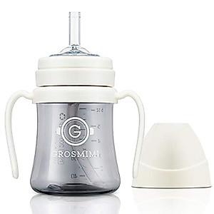 GROSMIMI Spill Proof no Spill Magic Sippy Cup with Straw with Handle for Baby and Toddlers, Customizable, PPSU, BPA Free 6 oz (White)