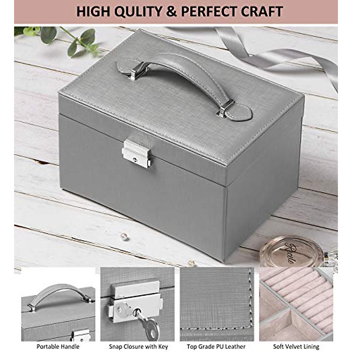 ANWBROAD Jewelry Box for Women and Teen Girls with Lock and Mirror Jewelry Storage Organizer Portable Travel Jewelry Boxes for Necklaces Rings Earrings UJJB002H