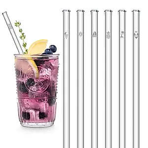 HALM Glass Straws - Summer Edition - 6 Reusable Drinking Straws With Summer Icons 20cm (8 in) - Icecream, Sun, Boat, Pineapple, Palmtree, Bikini - Made in Germany - Dishwasher Safe - Eco-Friendly