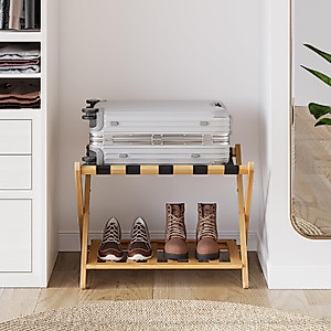 Semiocthome 2 Pack Fully Assembled Luggage Rack, Folding Suitcase Stand with Storage Shelf, Wood Suitcase Rack fit Most Luggage Size, Luggage Holders Stand for Guest Room Bedroom and Hotel (Wood