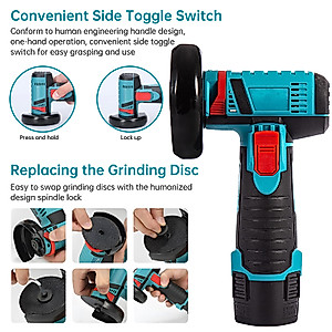 Housiwill Angle Grinder Tool, Mini Angle Grinder, Cordless Electric Angle Grinding Tool 12V 19500RPM with 2PCS 2000mAh Battery, Nylon Cutting Blade-s/Grinding Disc/Metal Cutting Disc (Green+blue)