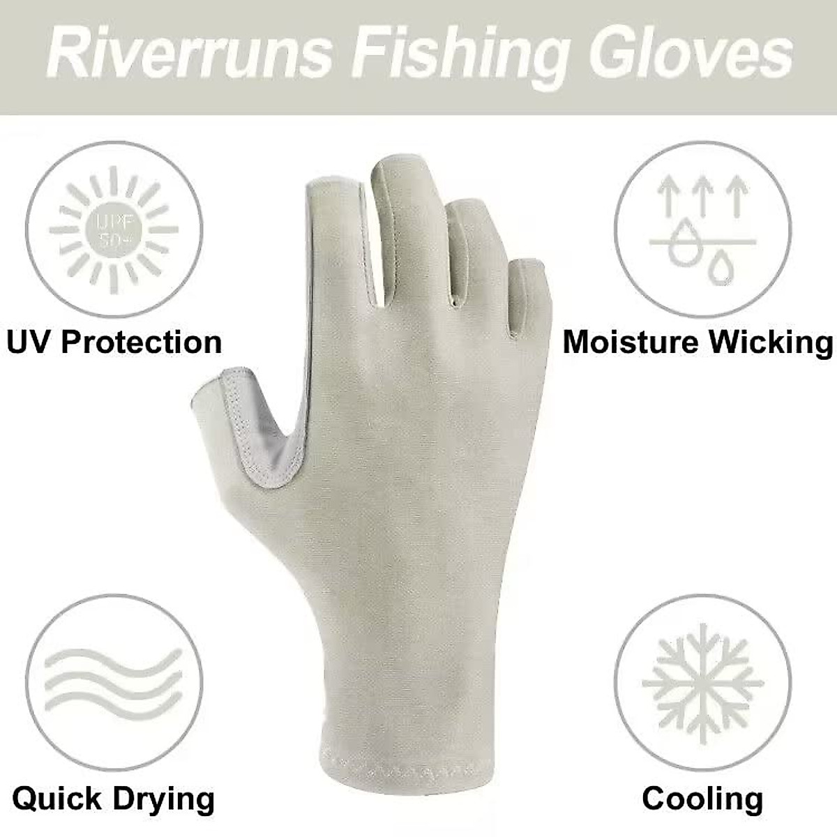 Riverruns Fingerless Fishing Gloves- Fishing Sun Gloves- UV Protection Gloves Men and Women Fishing, Boating, Kayaking, Hiking, Running, Cycling and Driving (Light Khaki, M)
