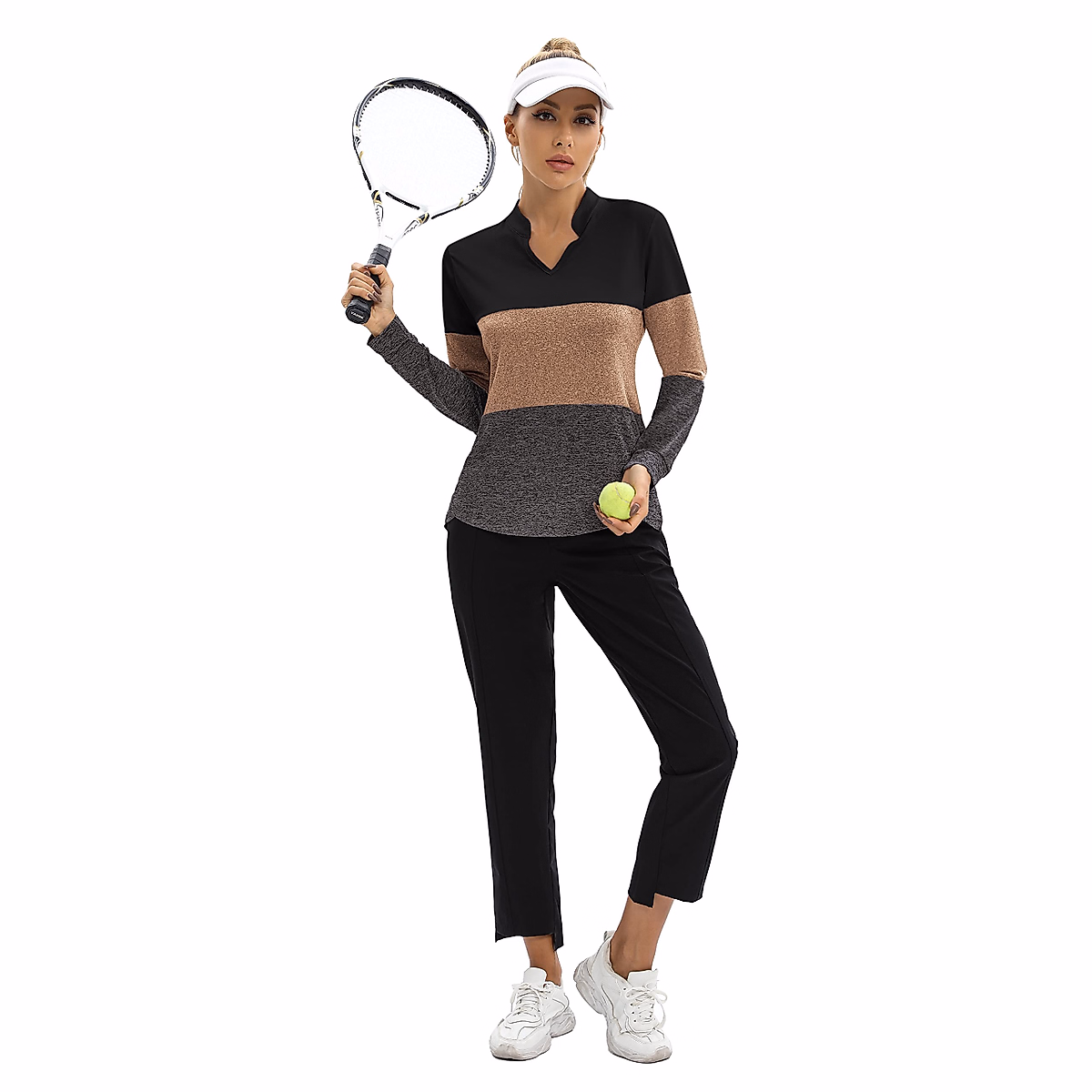 COOrun Long Sleeve Workout Shirts for Women Yoga Athletic Casual Tops Gym Running Breathable Shirt Quick Dry 2_Black_Brown_Dark Gray XX-Large