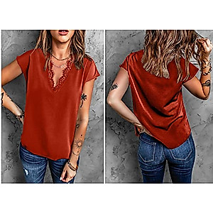 lime flare Women Sexy V Neck Lace Trim Satin T-Shirt Tops Dressy Silk Lacy Tank Tee Shirt (Red Eyelash Lace Short Sleeve,XXL)