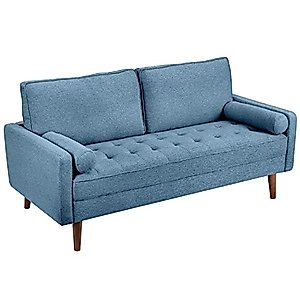 Koorlian 68 inch Dark Blue Couch, Modern Linen Fabric, Button Tufted Seat Cushion, Upholstered Loveseat with Square Armrest, 2 Throw Pillows, Small Sofa for Small Space, Apartment, Dorm, Easy Assembly