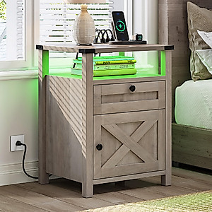 YITAHOME Farmhouse Nightstand with LED Lights & Charging Station, Night Stands with Drawer for Bedroom, End Side Table Bedside Table with Storage Shelf & Storage Cabinet, X-Design