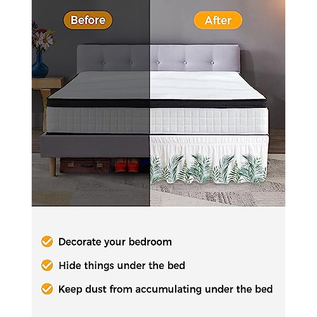 Tropical Bed Skirt Queen Size 16 Inch Drop,Adjustable Elastic Wrap Around Bed Skirts Pleated Luxury Dust Ruffles for Twin Full Queen Cal King Base Bed,Country Rustic Green Palm Tree Leaves Eucalyptus