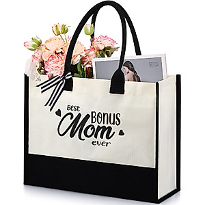 Best Bonus Mom Ever Appreciation Gifts Canvas Tote Bag Women Mother's Day Gift for Stepmom with Zipper Kitchen Reusable Grocery Bags Birthday Thank You Gift from Daughter Son Black and White