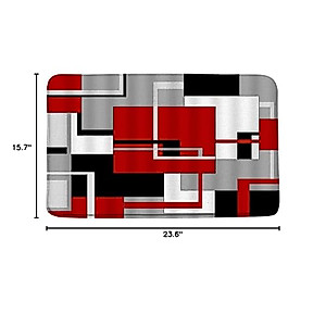 YOZSLGU Abstract Geometric Bath Mat Modern Red Gray Black White Mid Century Minimalist Fashion Memory Foam Bathroom Kitchen Rug, 15.7 x 23.6 Inch