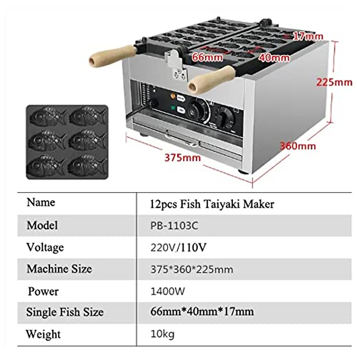 SRMNFADZ Nonstick Japanese Taiyaki Making Machine, Commercial Electric Fish-Shaped Waffle Maker, 1400W Waffle Iron Baker Machine for Party Cafe Tea Shop