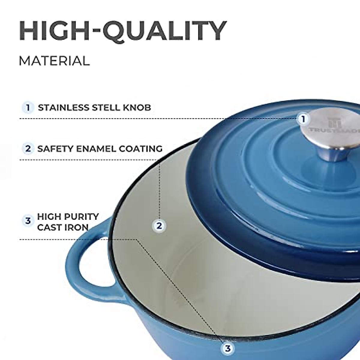 Trustmade 4.5 QT Cast Iron Dutch Oven, Enamel Coated Cookware Pot with Self Basting Lid for Home Baking, Braiser, Cooking, Blue