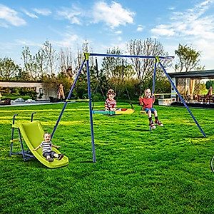 Costzon Swing Sets for Backyard, 4-in-1 Heavy Duty Large Metal Swing Frame w/2 Adjustable Swings, Slide, Basketball Hoop, Play Equipment for Indoor Outdoor Gift Kids 3-12 Years Old
