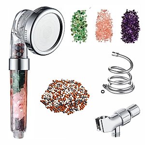 MineralStream Chakra Showerhead Kit with Replacement Beads + Natural Therapeutic Crystals + Shower Arm Diverter + 1.5m Hose | For Luxurious Spa like Experince