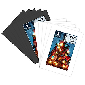 Mat Board Center, 10 Pack Pre-Cut 5x7 Picture Mats for 4x6 Photos/Prints - Acid Free, Bevel Cut, White Core, 4-Ply Thickness (White & Black)