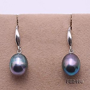 Womens Pearl Sterling Silver Dangle Earrings AAA Quality 9x11.5mm Oval Black Freshwater Pearl Fishhook Earrings