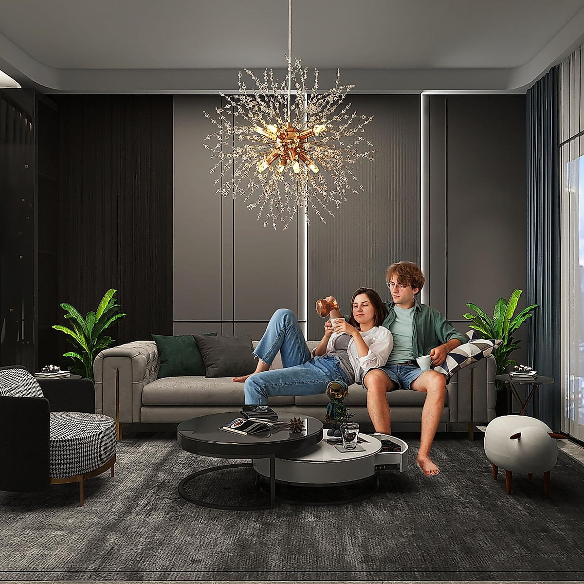 HOXIYA Modern Crystal Chandeliers Firework, Plug in Dandelion Chandelier, Gold Sputnik Pendant Light for Bedroom Foyer Hallway Entryway Kitchen, 8 Light Firework Dandelion Chandelier, G9 Socket