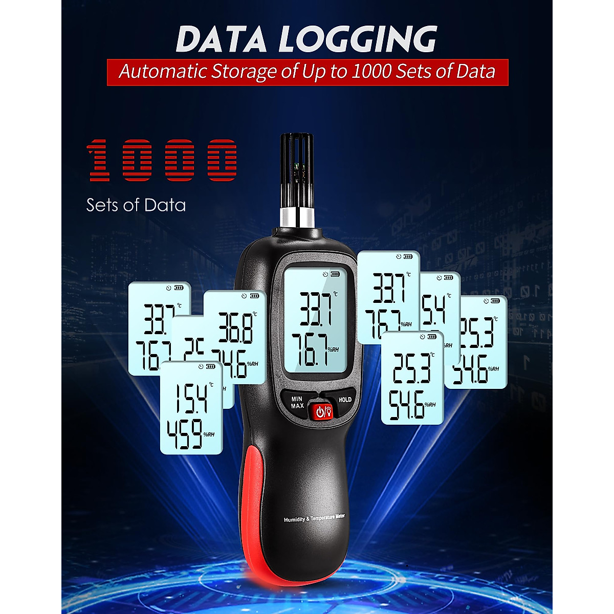 APOMONO WT83 Temperature Humidity Meter, High Precision Thermometer Hygrometer with Ambient Dew Point Wet Bulb Temperature Indoor Outdoor, Max/Min Data Hold, 1000 Sets Data Log, Batteries Included