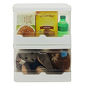 EZOWare 16 Quart Folding Plastic Storage Latch Box Basket with Lids, Stackable Lidded Organizer Container Bins - Set of 2, White / Clear