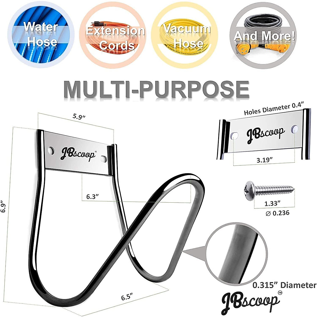 JBscoop Garden Hose Holder Stainless Steel Small Wall Mount Garden Hose Hook, Ideal for Water, Air, Hydraulic Hose, Ropes, Extension Cords Heavy Duty & Rust Proof Set of 2