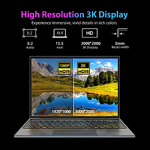 Windows 10 Laptop,13.5 Inch Pentium J3710 Quad core, 4GB RAM+128GB SSD, Thin & Light Notebook PC,3000x2000 3K Panel, 5G+AC WiFi, All-Metal Body, Backlit Keyboard, Finger Print, WPS,HDMI, Gray