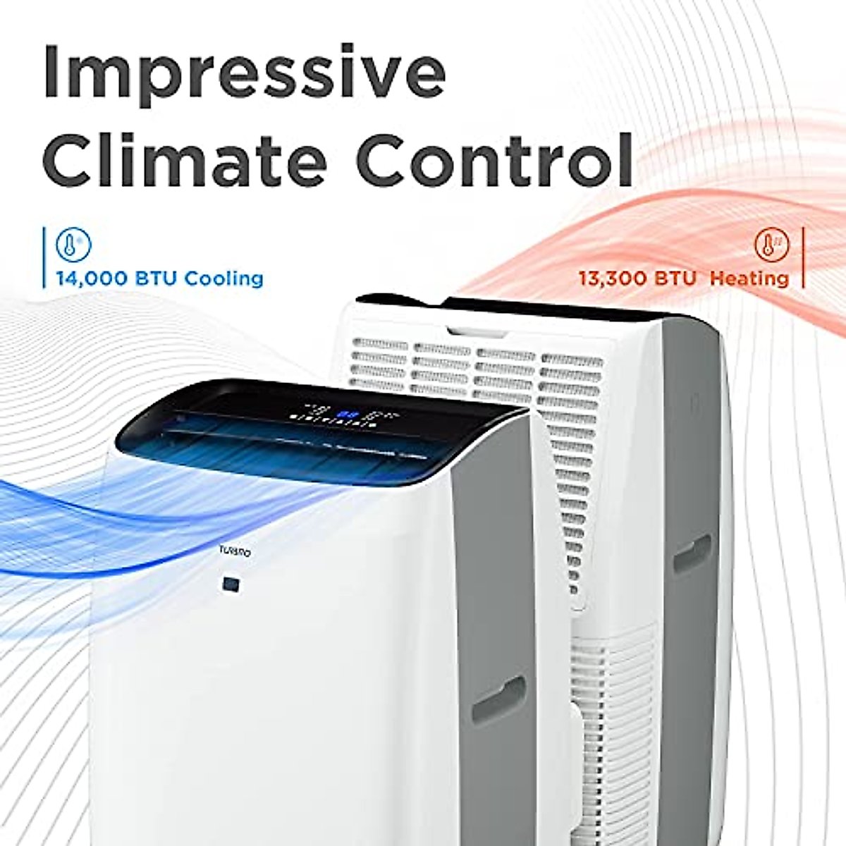 TURBRO Greenland 14,000 BTU Portable Air Conditioner and Heater, Dehumidifier and Fan, 4-in-1 Floor AC Unit for Rooms up to 600 Sq Ft, UV-C Light, Sleep Mode, Timer, Remote Included (10,000 BTU SACC)