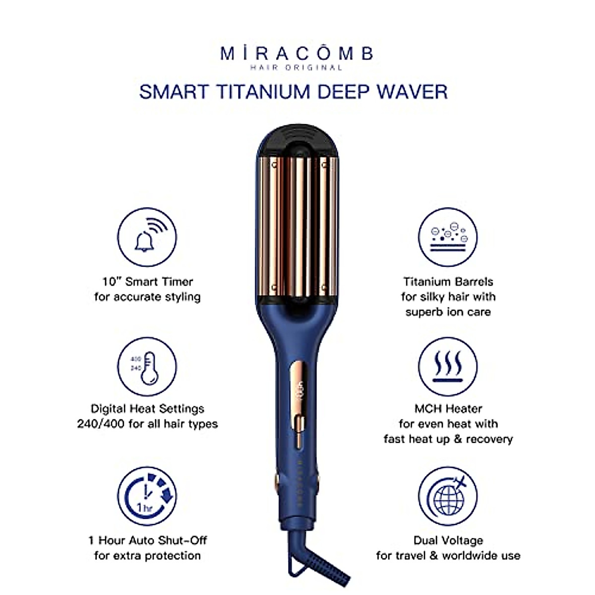 MIRACOMB Ion Titanium Deep Waver Smart Crimping Iron Hair Crimper, Digital Heat Settings, Auto Off, Dual Voltage, Royal Blue