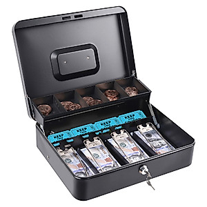 INFUN Cash Box with Money Tray, Durable Large Steel Money Boxes, 5 Compartment Tray, 4 Spring-loaded, come with 2 key, Black