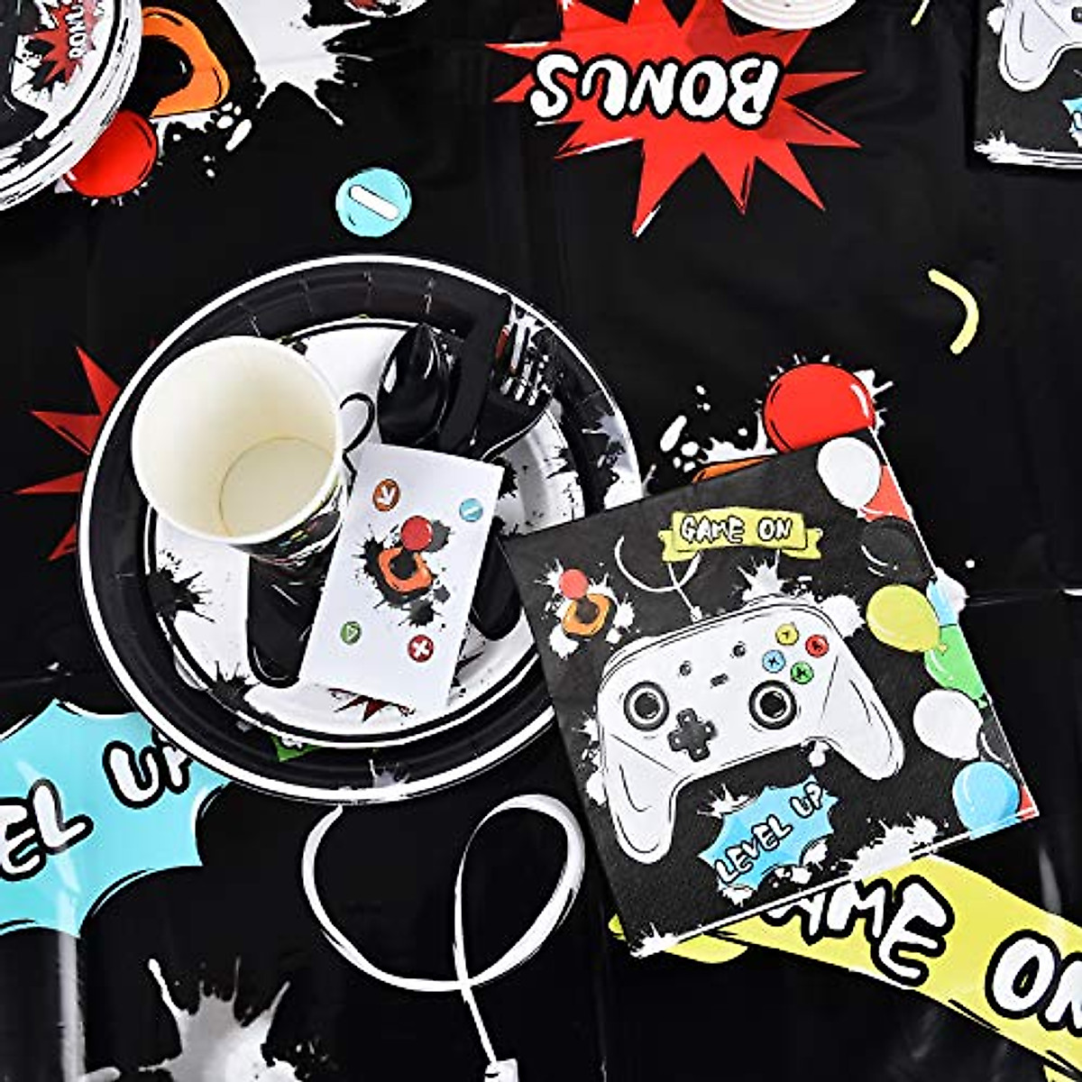 WERNNSAI Watercolor Video Game Party Tableware Set - Gaming Party Supplies for Boys Gamer Birthday Plates Cups Napkins Tablecloth Cutlery Bags Utensils Serves 16 Guests 130 PCS