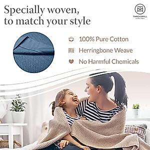 Threadmill Luxury Cotton Blankets for King Size bed | All-Season Cozy 100% Cotton King Size Blanket | Herringbone Soft & Lightweight Fall Thermal Blanket fits Cal King Size Bed | Folkstone Blue