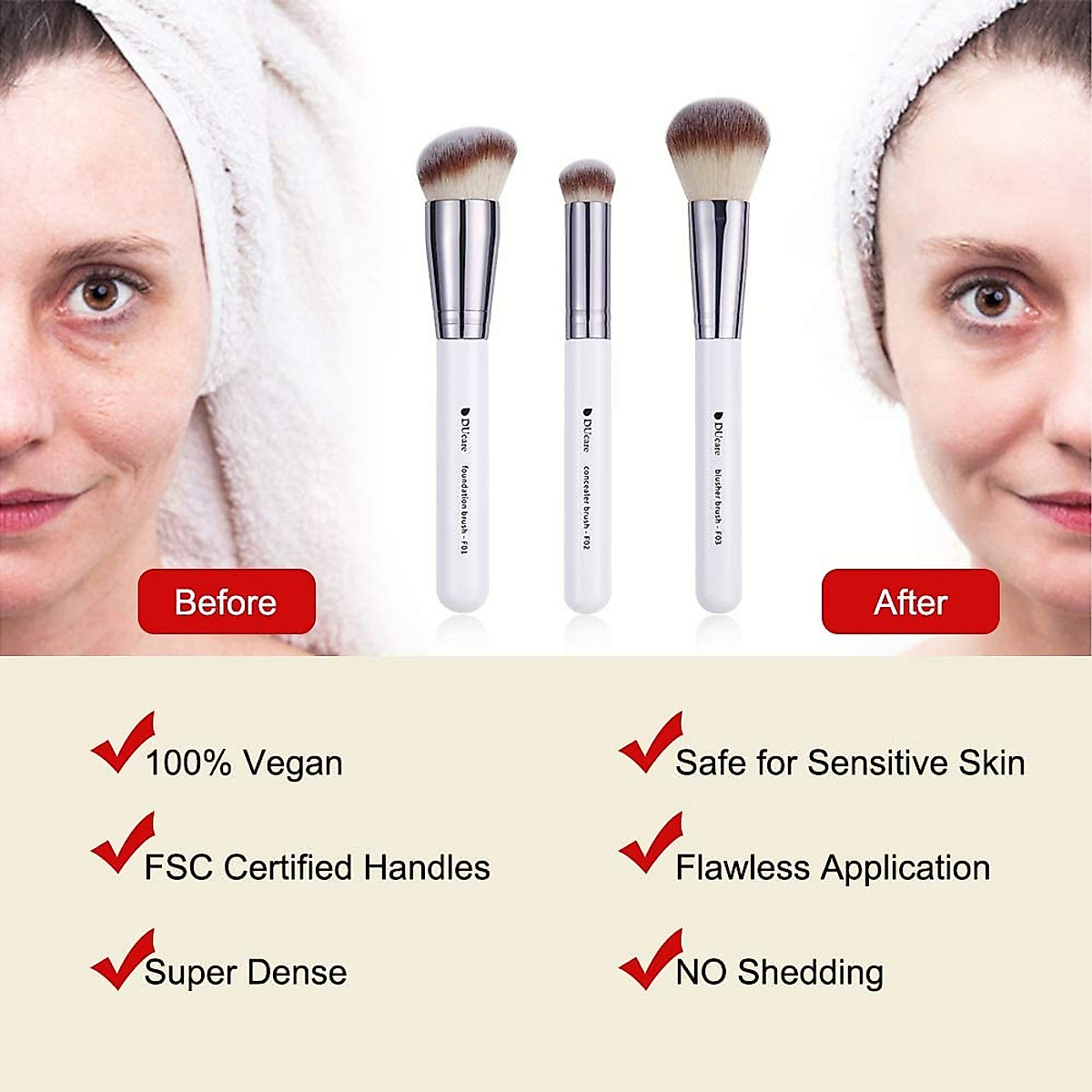 DUcare Makeup Brushes 3Pcs Foundation Contour Brush& Concealer Brush& Blusher Brush Face Kabuki Blush Bronzer Travel Buffing Stippling Contour Liquid Blending Makeup brush set White