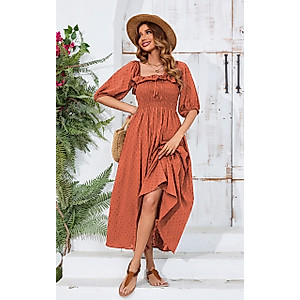 R.Vivimos Women Summer Half Sleeve Cotton Ruffled Vintage Elegant Backless A Line Flowy Long Dresses (Medium, Orange#1)