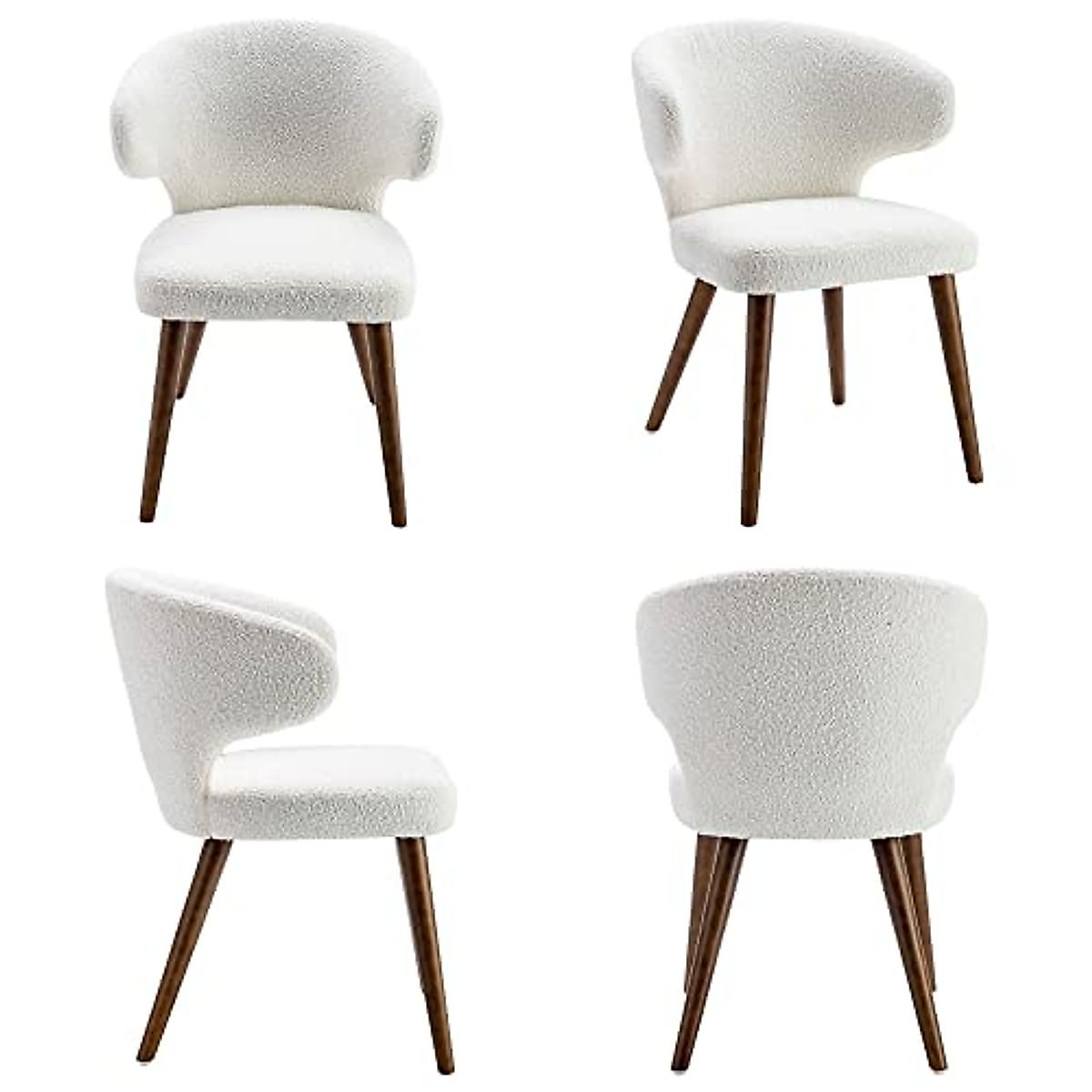 RIVOVA Upholstered Accent Arm Chairs Set of 4, Faux Sherpa Mid Century Modern Dining Chairs for Kitchen Dining Room Side Chairs with Wood Legs, White