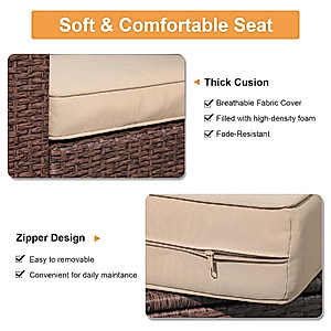 Super Patio 5 Piece Outdoor Furniture Set, PE Wicker Rattan Small Patio Set Balcony Furniture, Outdoor Sofa with Ottomans, Tempered Glass Side Table, Beige Cushions, for Porch, Deck, Poolside