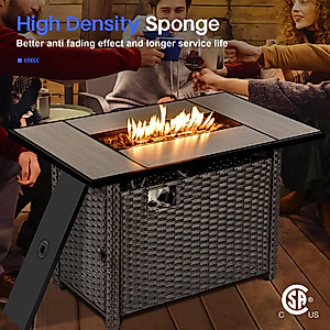 XIZZI Patio Furniture Set Outdoor Conversation Sofa with 42 Inch Rectangle Propane Fire Pit Table All Weather PE Rattan Wicker High Back Outside Couch for Backyard and Garden,Brown Wicker Navy Blue