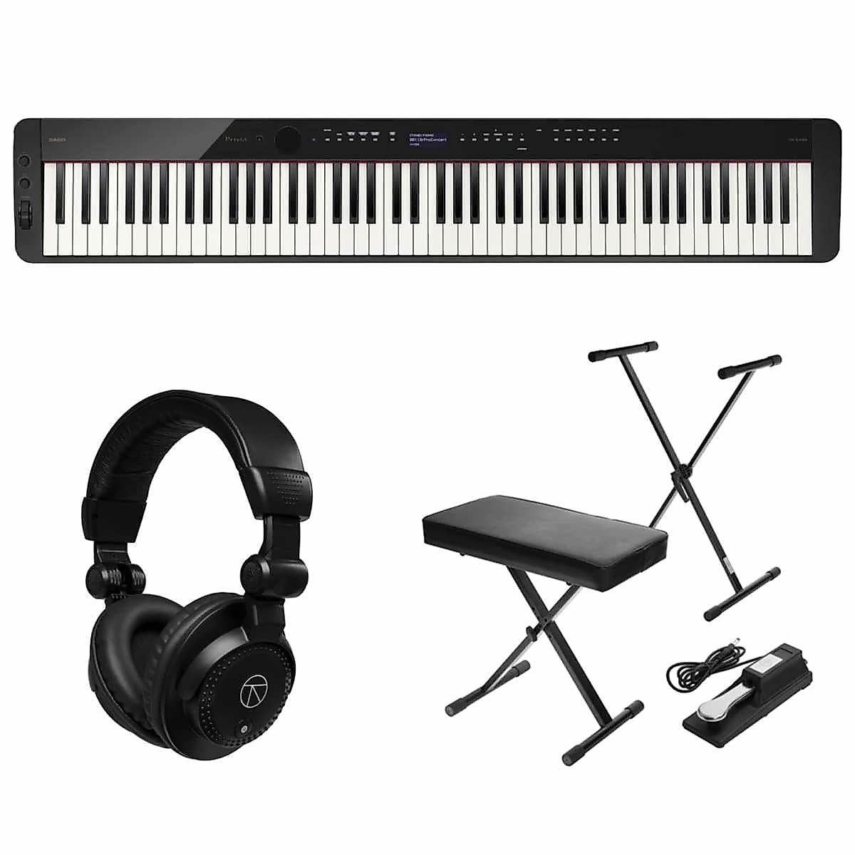 Casio PX-S3100 Privia 88-Key Digital Piano Keyboard with Touch Response, Black Bundle with H&A Studio Headphones, Stand, Bench, Sustain Pedal