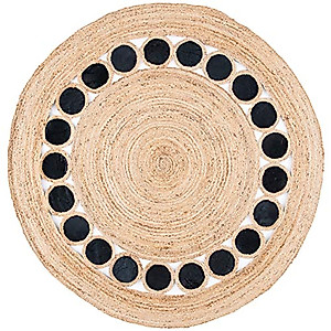 SAFAVIEH Natural Fiber Round Collection 3' Round Beige / Black NF370Z Handmade Boho Woven Jute & Leather Area Rug