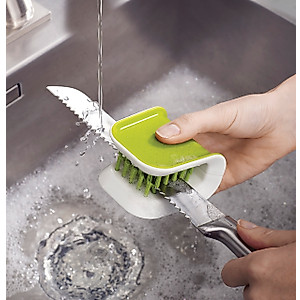 Joseph Joseph DrawerStore Compact Cutlery Organizer Kitchen Drawer Tray, Small, Gray & BladeBrush Knife and Cutlery Cleaner Brush Bristle Scrub Kitchen Washing Non-Slip, One Size, Green