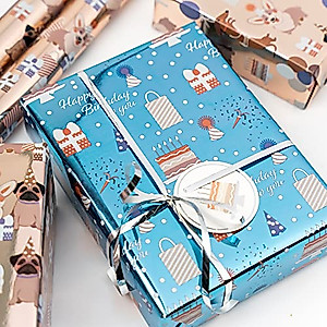 WRAPAHOLIC Birthday Wrapping Paper Roll - Adorable Dogs and Colorful Balloons with Metallic Foil Shine - 4 Rolls - 30 Inch X 120 Inch Per Roll