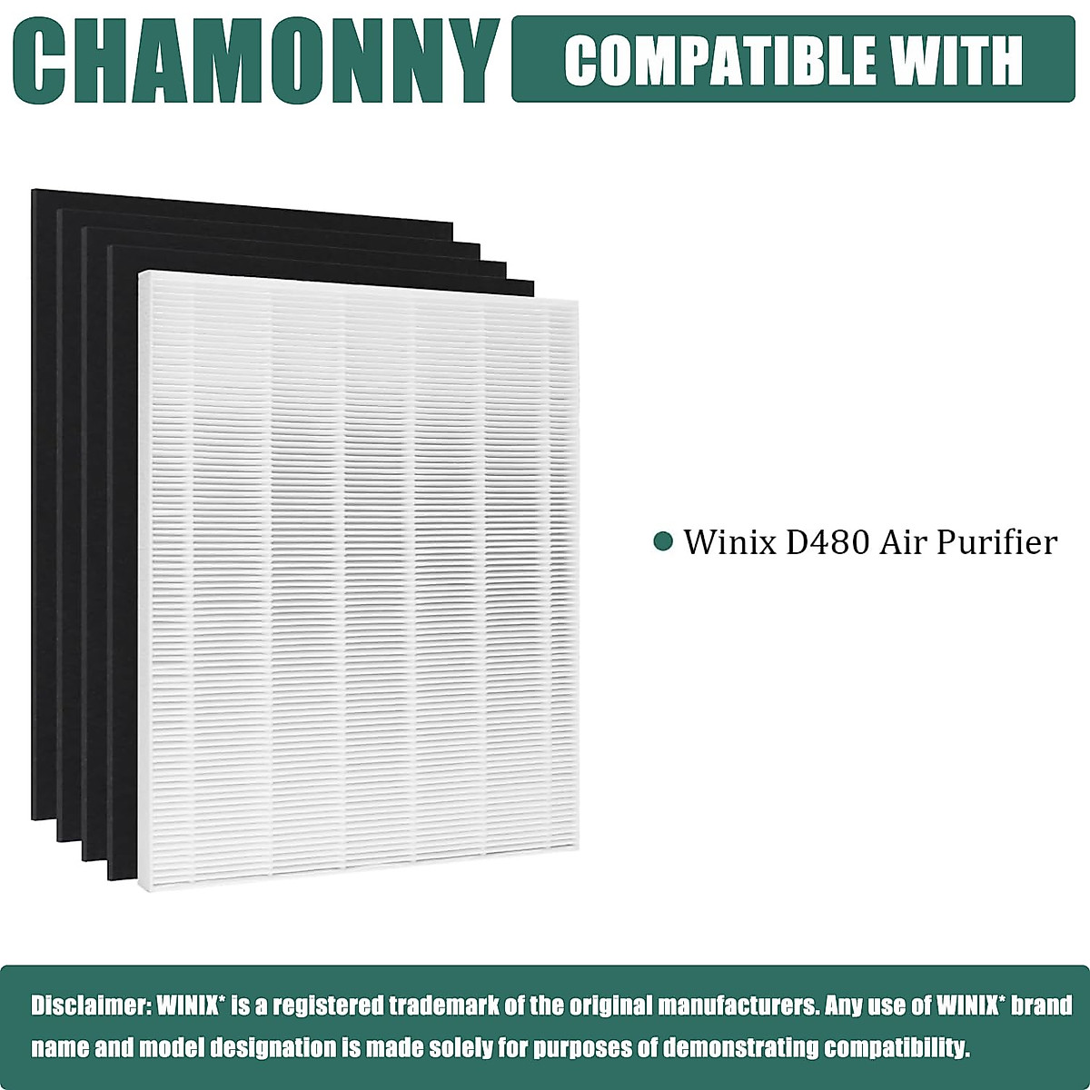 CHAMONNY D480 True HEPA Replacement Filter D4, Compatible with Winix D480 Air Purifier, Compare to Winix D4 Filter, Item Number 1712-0100-00, 1 H13 True HEPA Filters + 4 Activated Carbon Pre-Filters