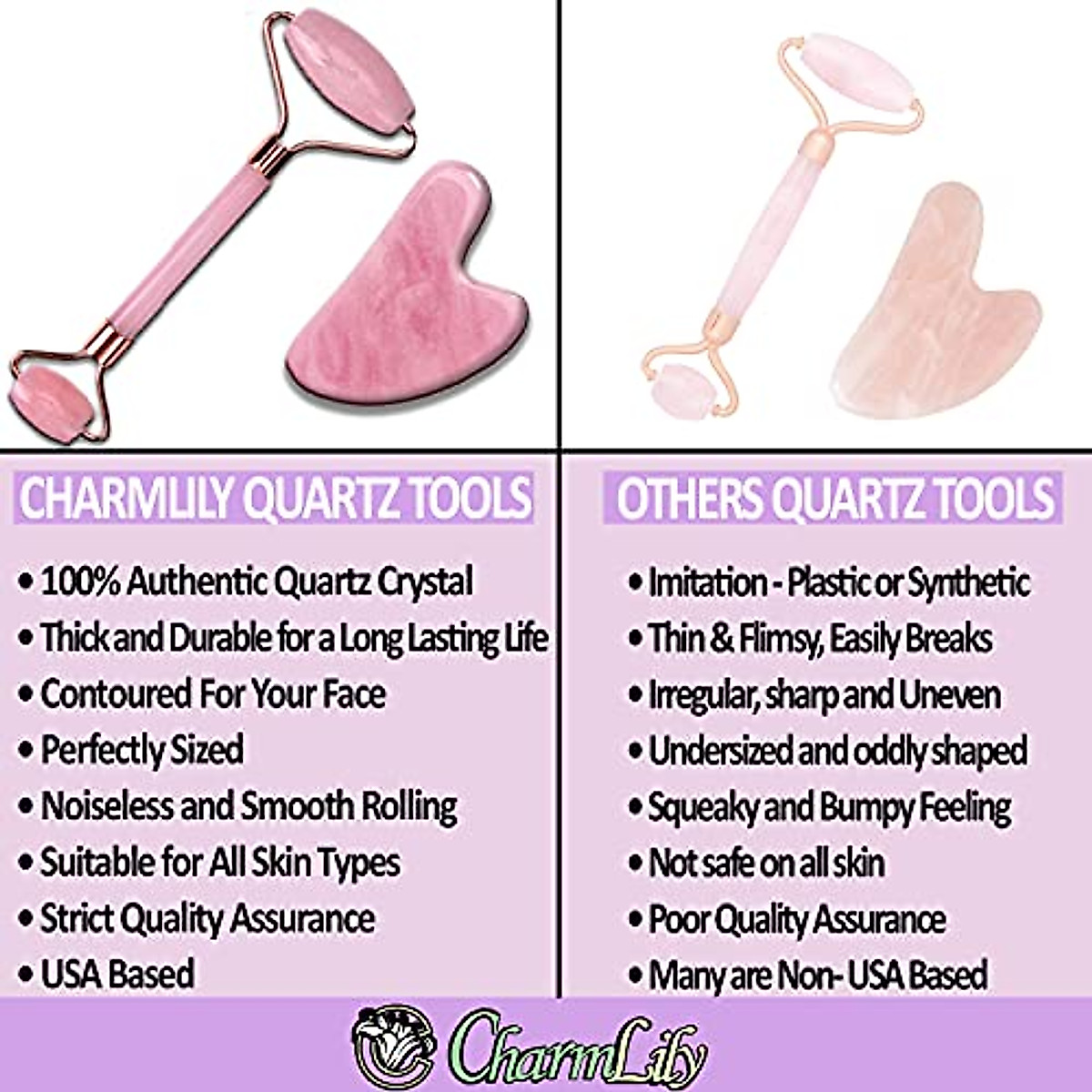 Rose Quartz & Ice Roller + Gua Sha Massager Tool Set for Face & Eyes by Charmlily, Puffiness, Reduce Wrinkle Aging, Migraine, Pain Relief on Neck & Body, Cold Facial Original Natural Stone - 3 in 1