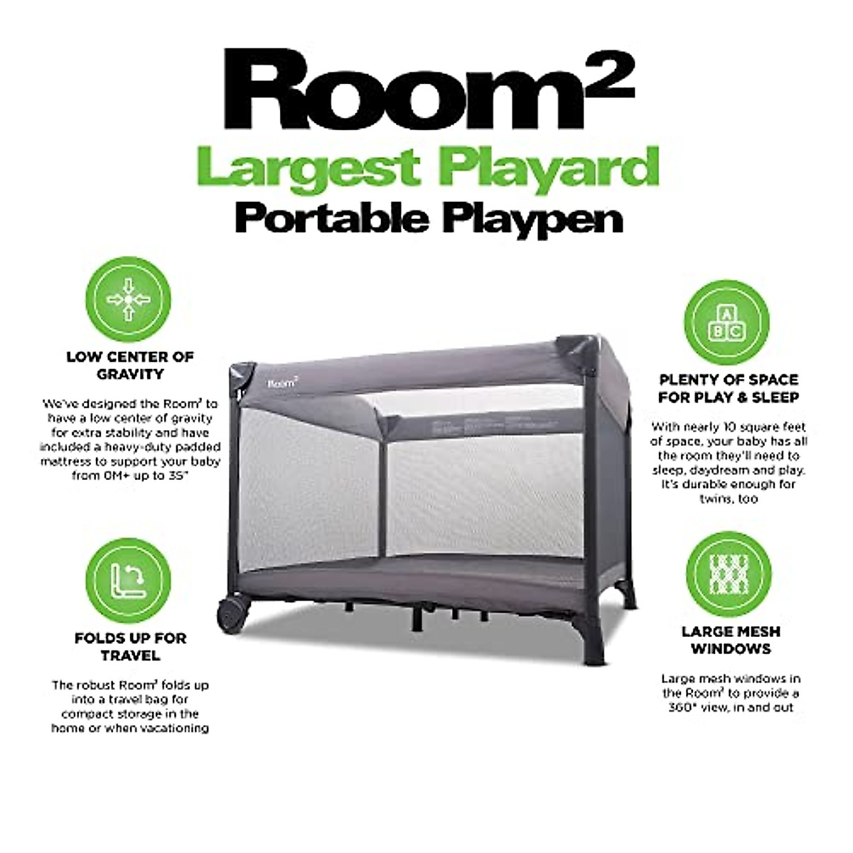 Joovy Room² Large Portable Playpen for Babies and Toddlers with Nearly 10 sq ft of Space, Large Mesh Windows for 360 View, and Waterproof Mattress Sheet - Folds Easily when Not in Use (Charcoal)