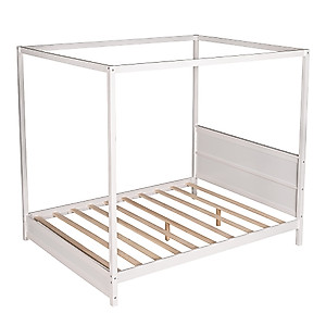 Queen Size Canopy Bed Frame, Solid Wood Queen Platform Bed with Headboard and Slat Support, Modern 4 Poster Panel Bed for Kids, Teens, Adults. No Box Spring Needed (Queen, White)